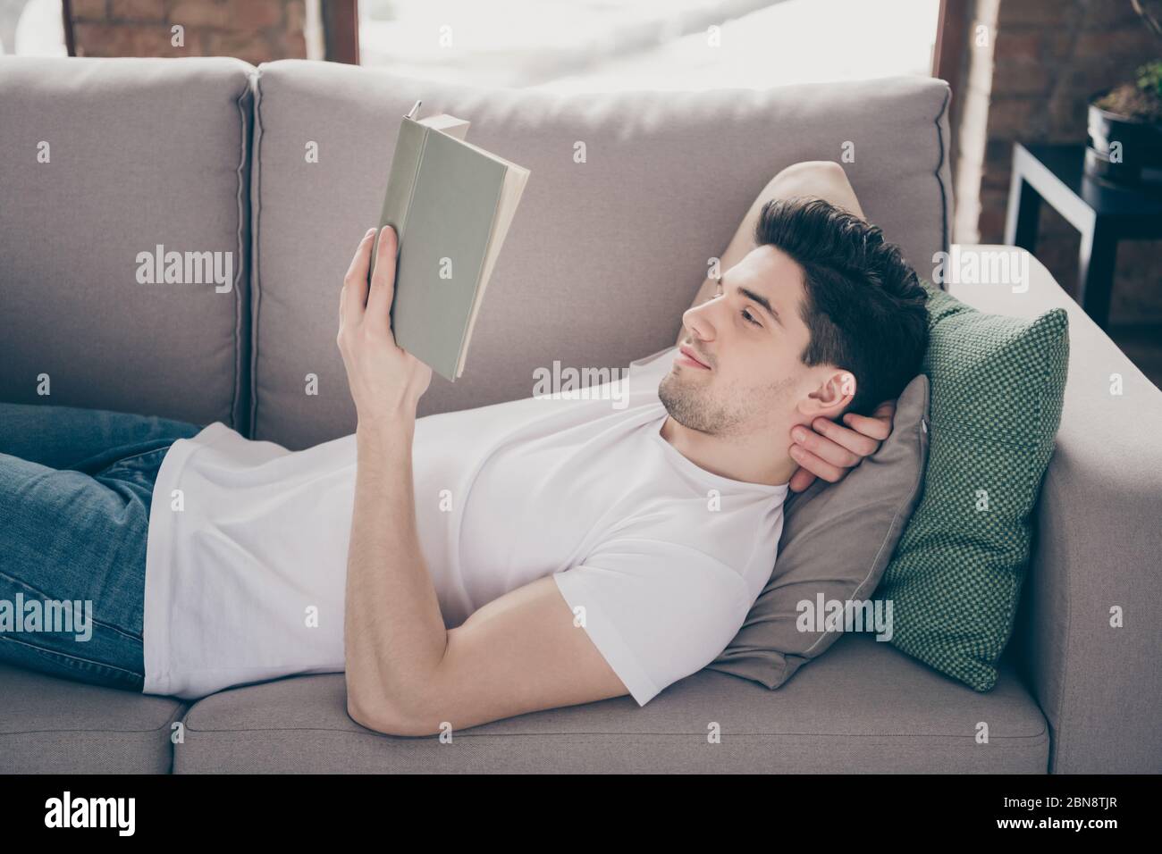 Profile side view portrait of his he nice attractive calm peaceful ...