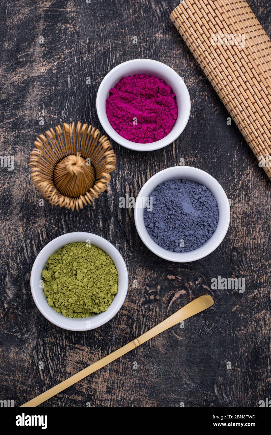 Green, blue and pink matcha powder Stock Photo - Alamy
