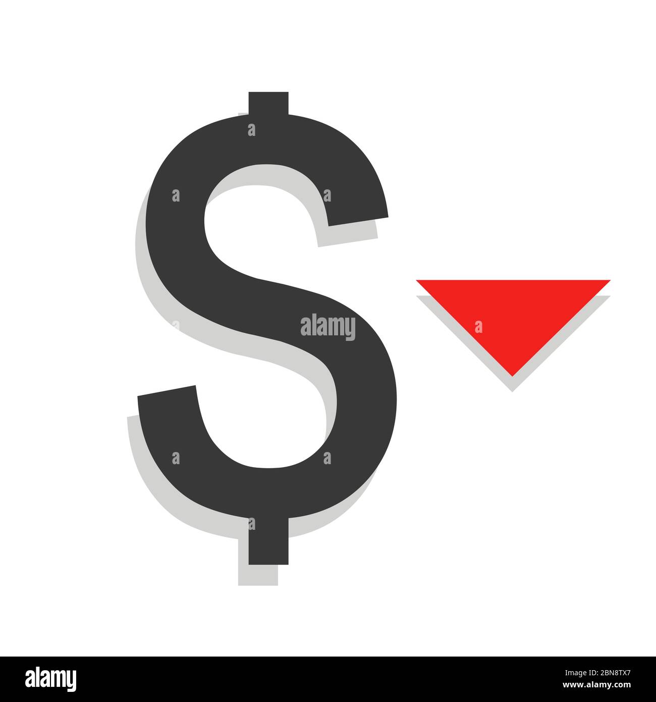 Dollar down icon. Cost reduction sign. Money symbol with arrow stretching rising drop fall down ...