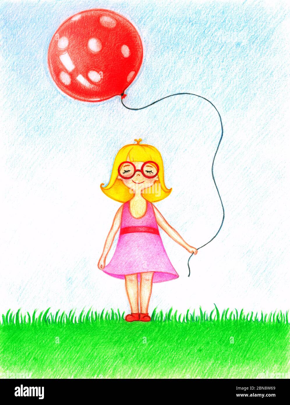 Hand drawn illustration of girl with a red balloon Stock Photo - Alamy