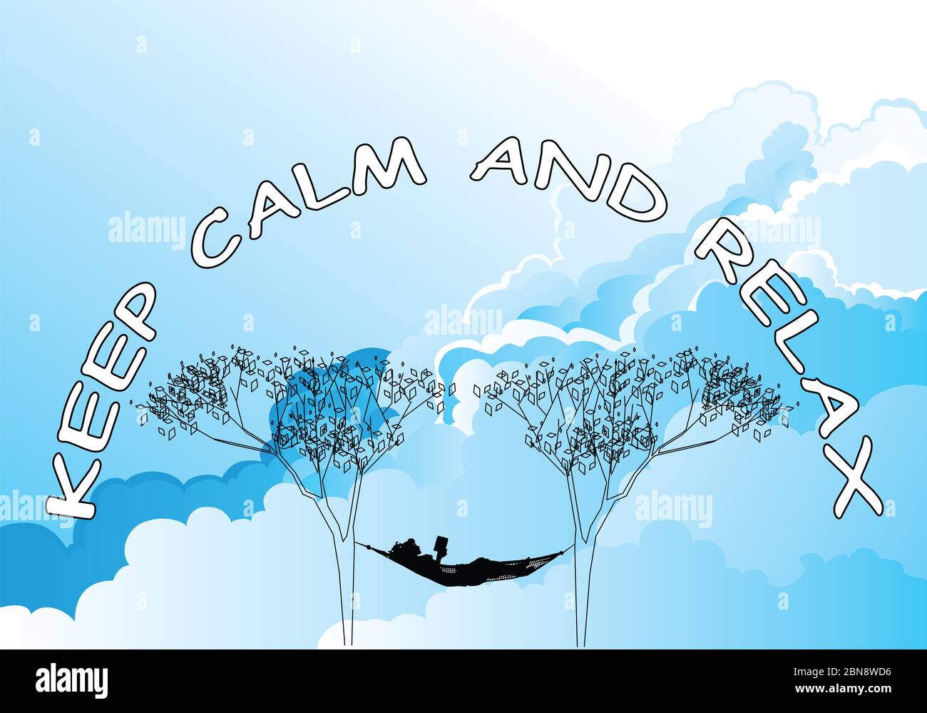 Keep calm and relax with woman reading a book relaxing in a hammock ...