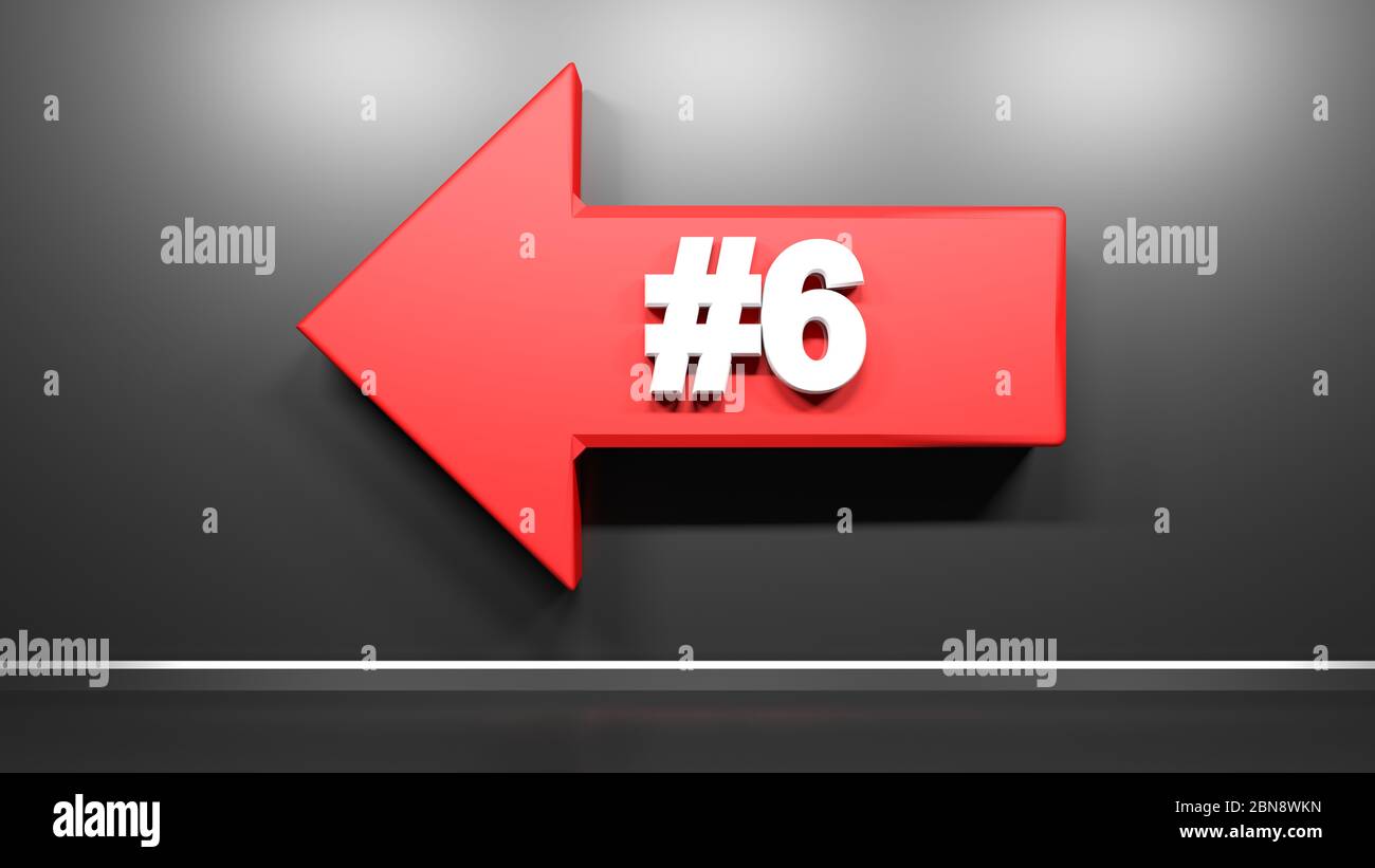 Red arrow to the left, with number 6, on black glossy wall - 3D ...