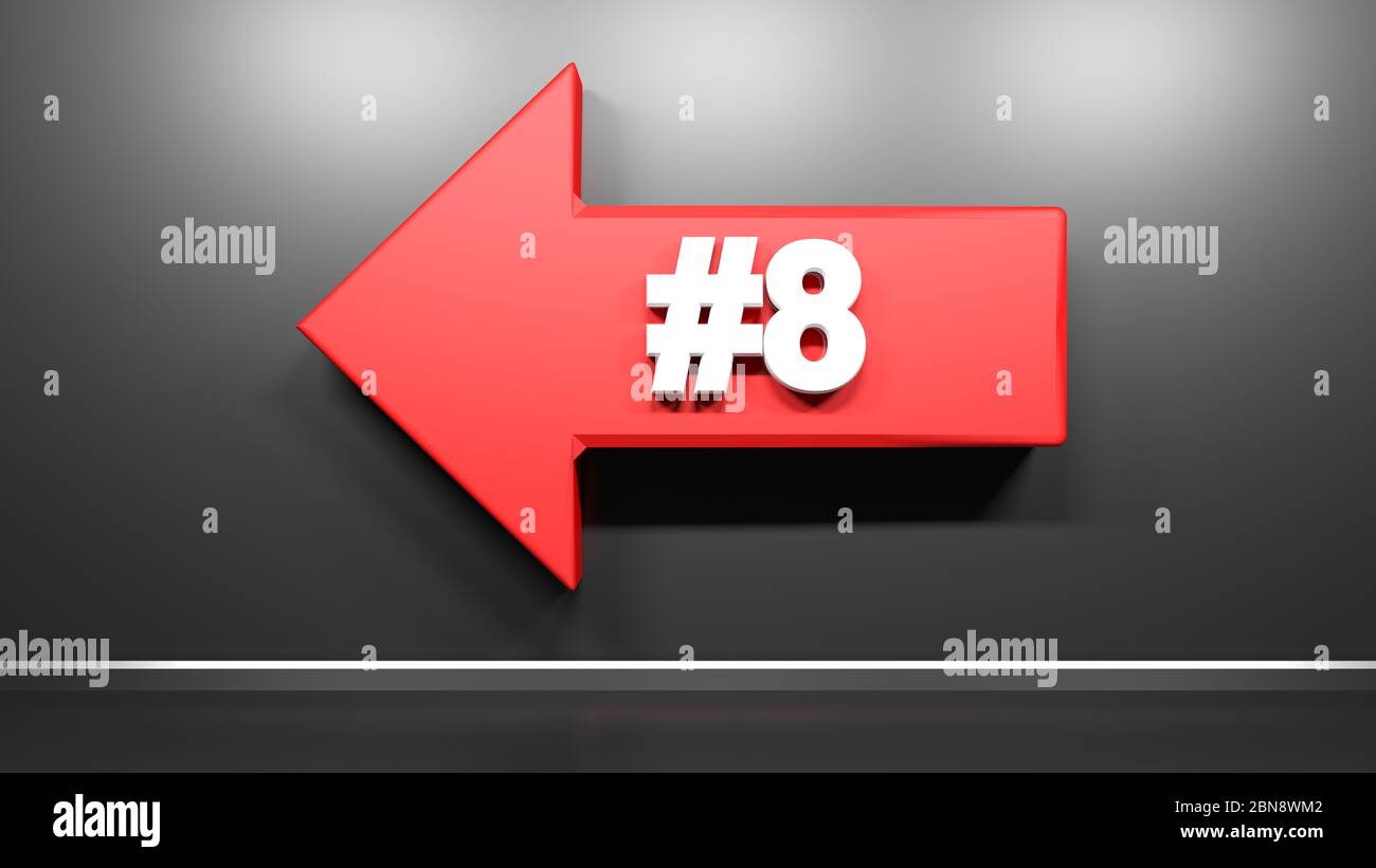 Red arrow to the left, with number 8, on black glossy wall - 3D ...