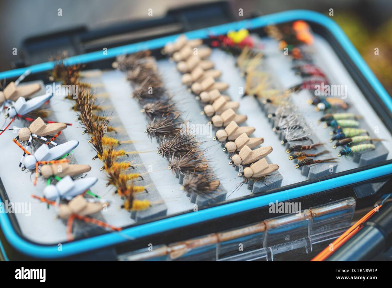 Box with fly flies. Fly fishing Stock Photo - Alamy