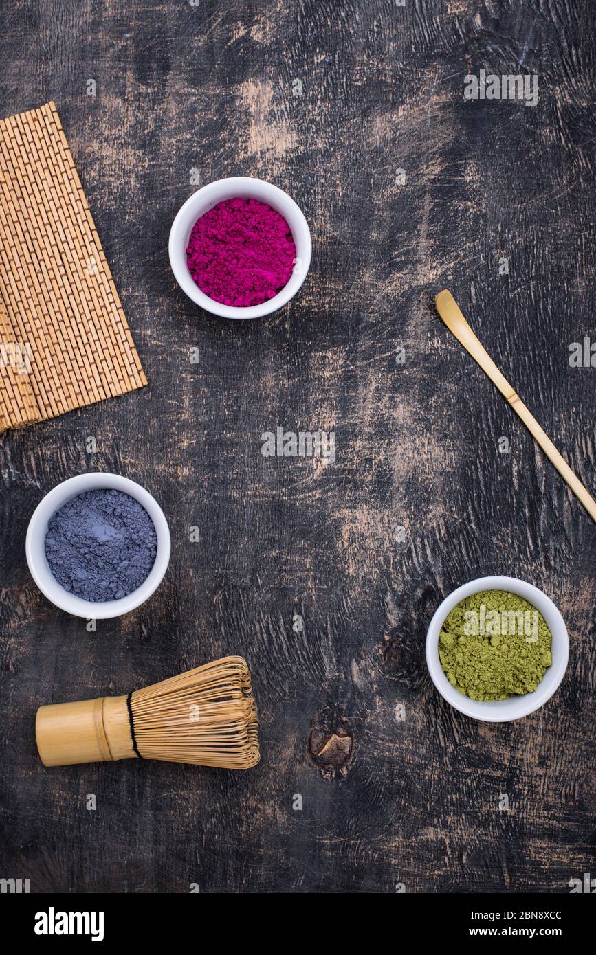 Green, blue and pink matcha powder Stock Photo - Alamy