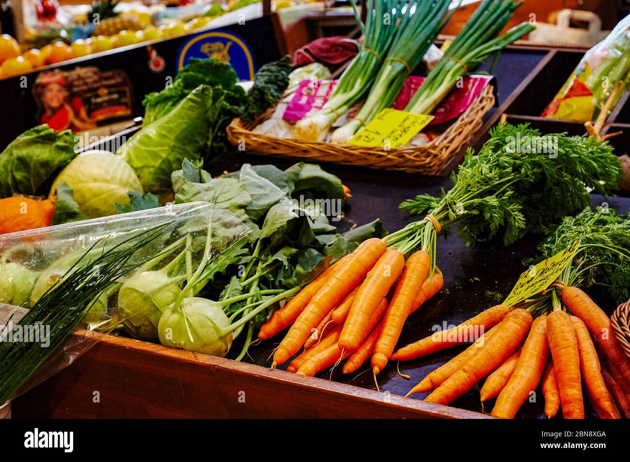 Berlin, Germany - May 13, 2020: A market stall with various colorful ...