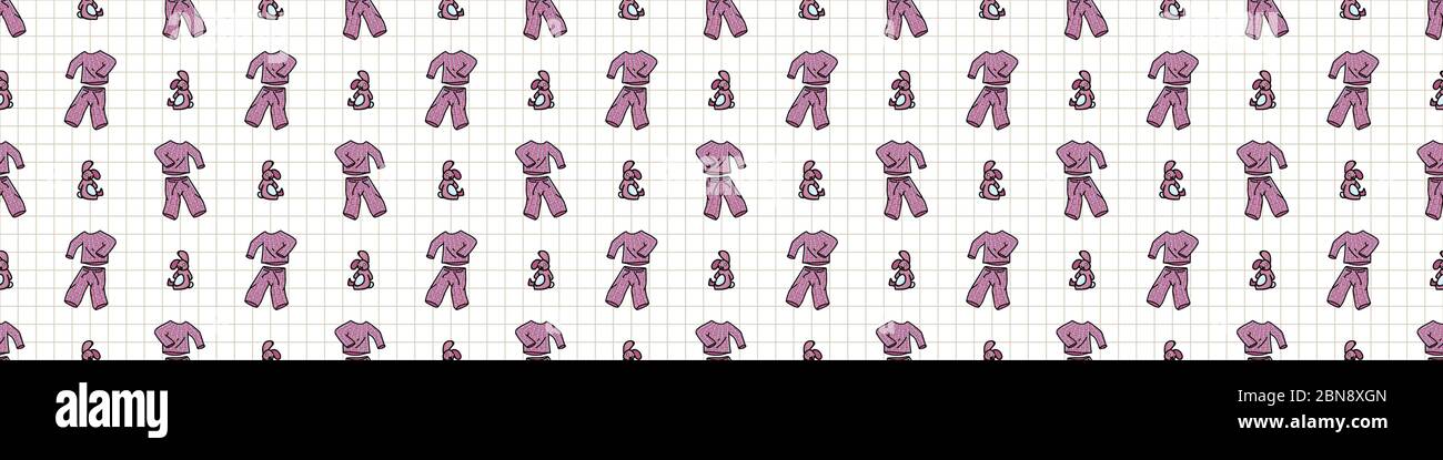 Hand drawn cute pajamas with stuffed toy seamless vector border ...