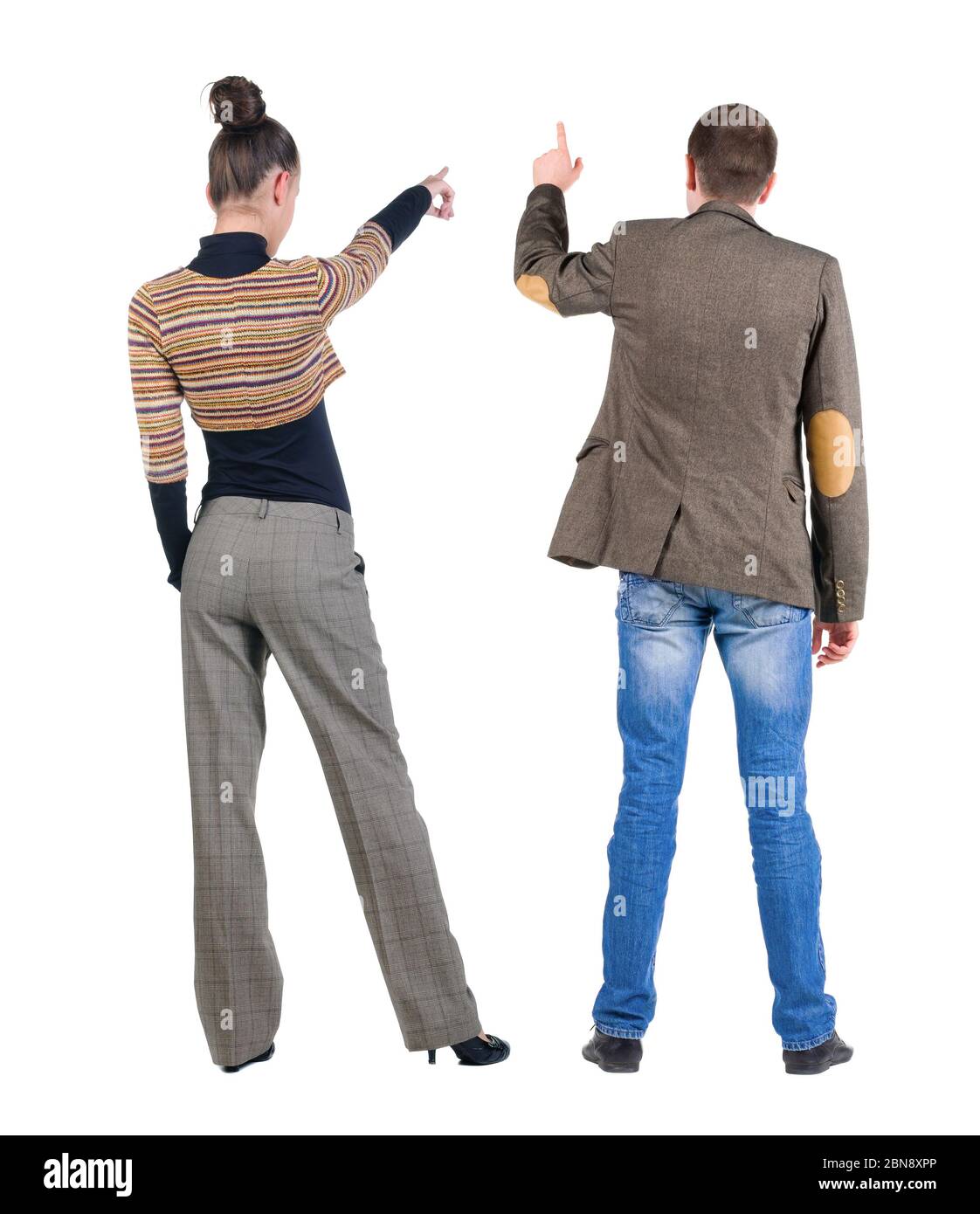Back view of couple in sweater pointing. Rear view people collection ...