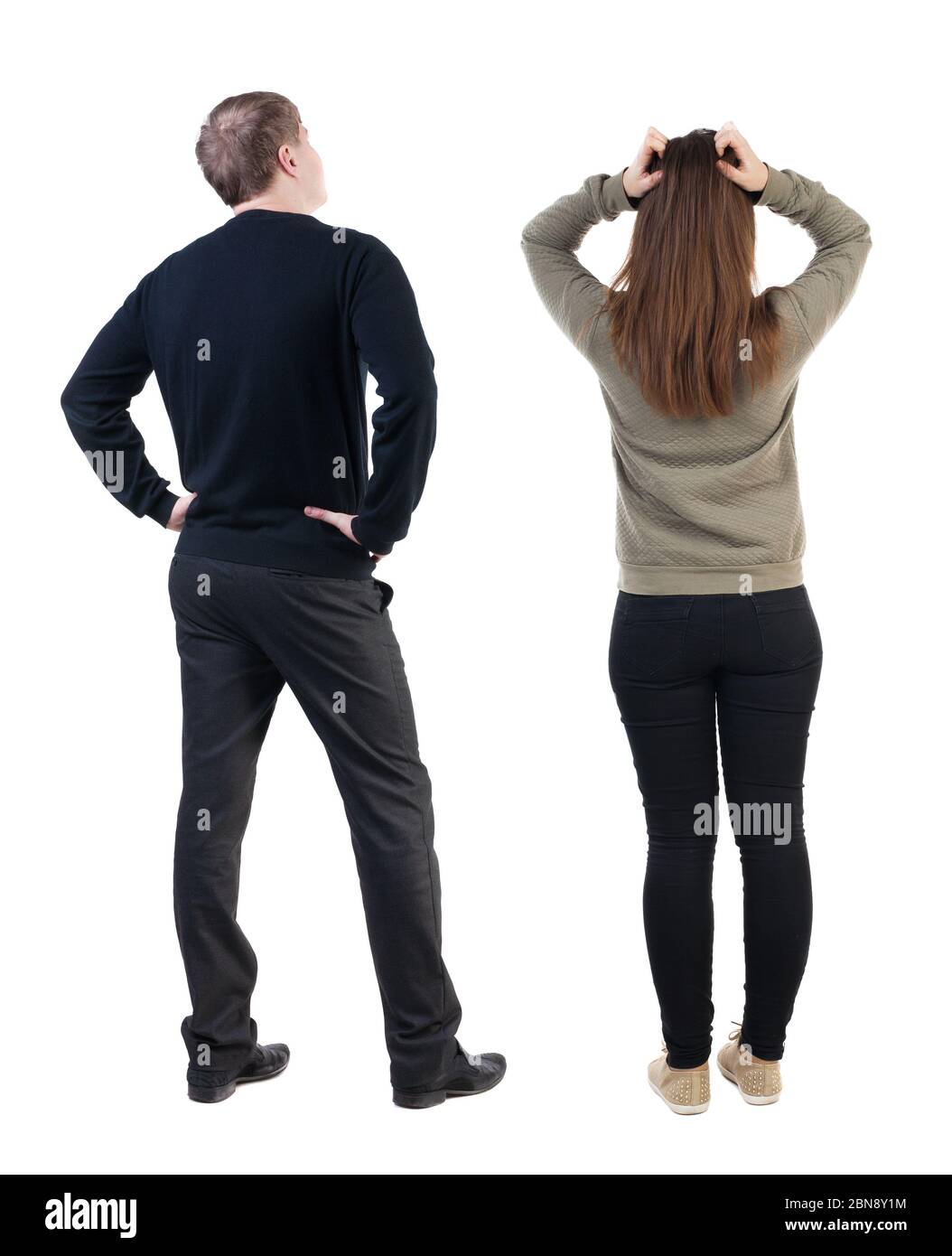 Back view couple in sweater. beautiful man and woman. Rear view people ...