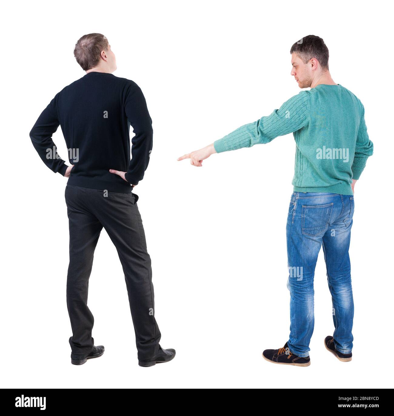 Back view of two man in sweater pointing. Rear view people collection ...