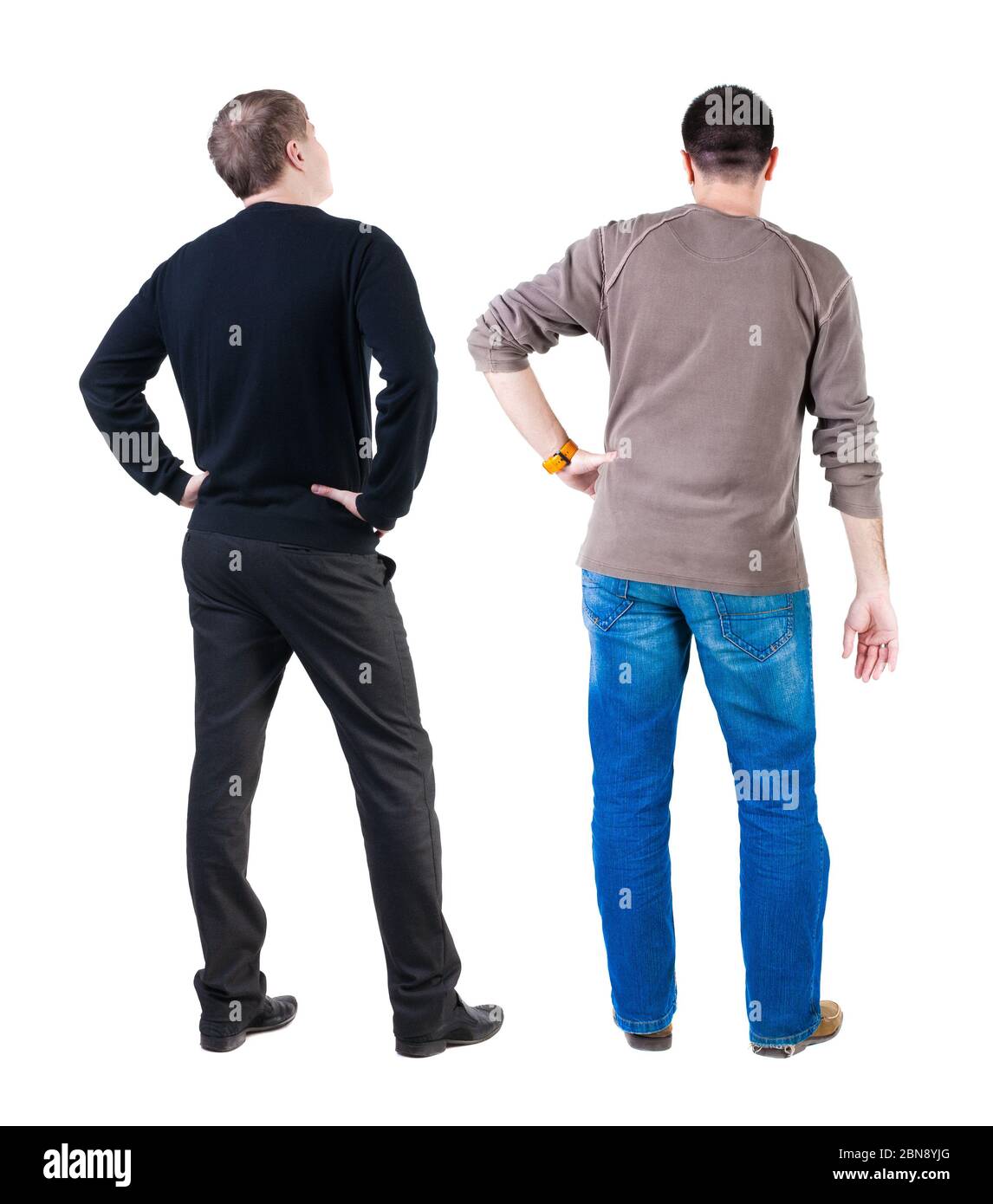 Back view of two man in sweater pointing. Rear view people collection ...
