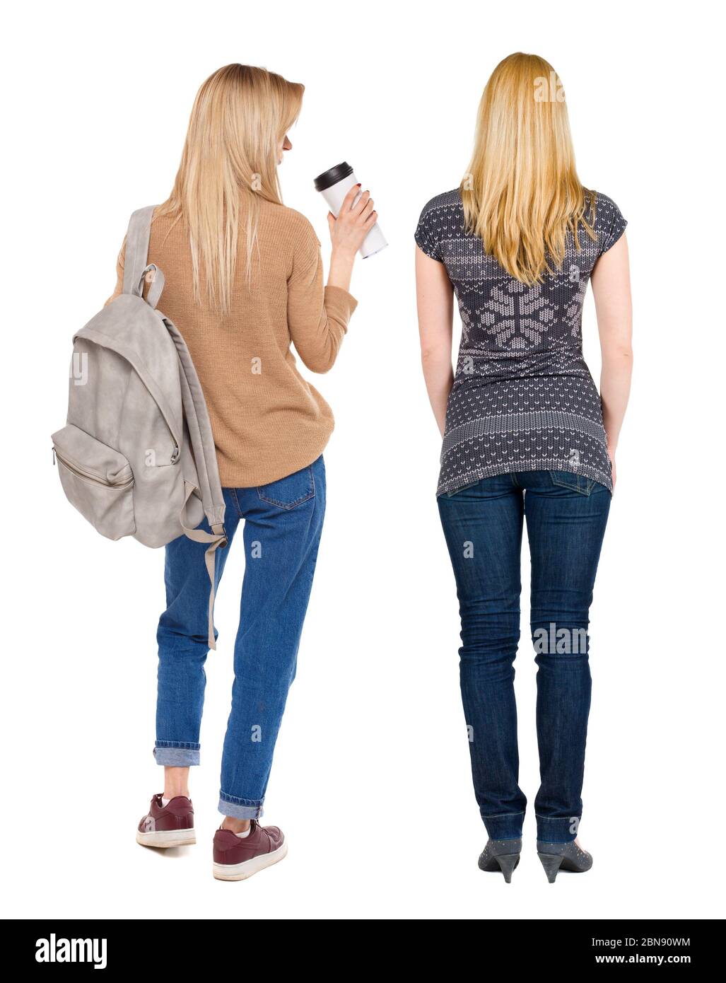Back view of two woman in sweater. Rear view people collection ...