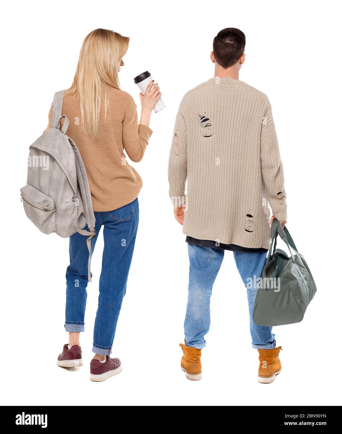 Back view couple in sweater. beautiful man and woman. Rear view people ...
