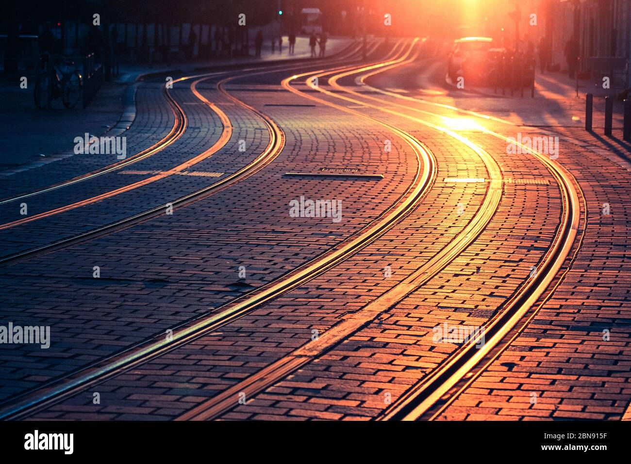Tram rail close up in Bordeaux, France. Vintage style and grain texture ...
