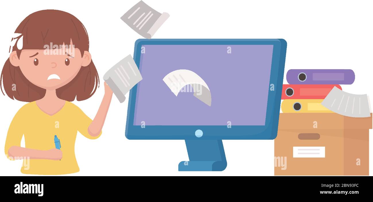 stress at work, female worker in office with papers computer and box ...