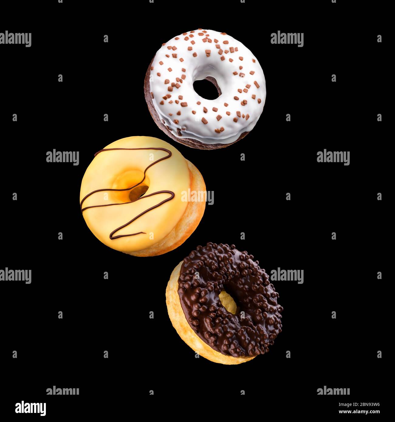 Set of flying glazed donuts with sprinkles on a black background Stock ...