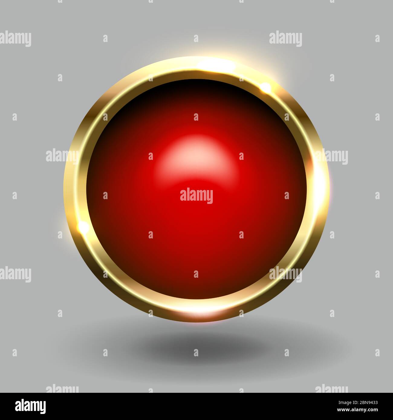 Red shiny circle blank button with gold metallic frame, vector element ...