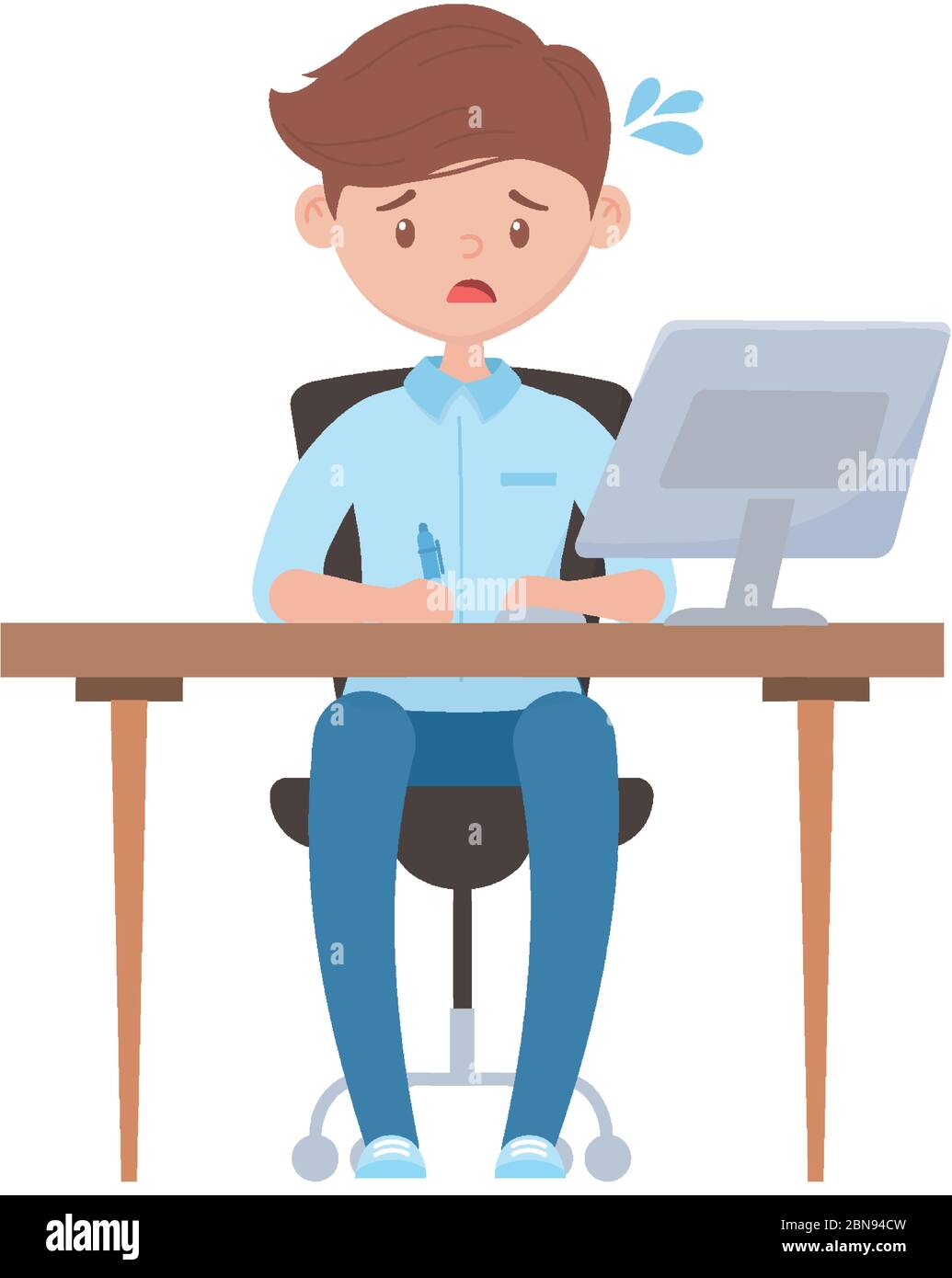 stressed employee working with computer in desk isolated design vector ...