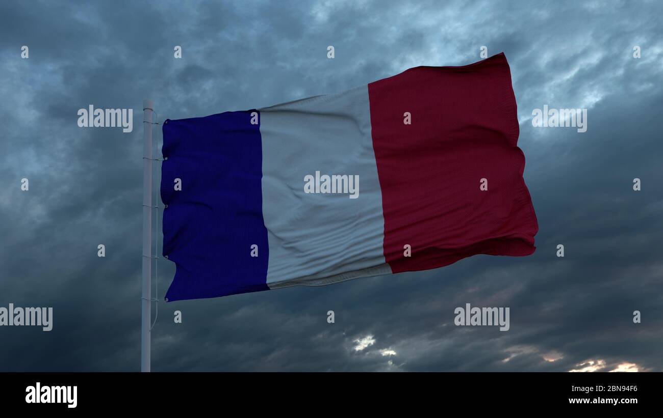 Realistic flag of France waving in the wind against deep heavy stormy ...
