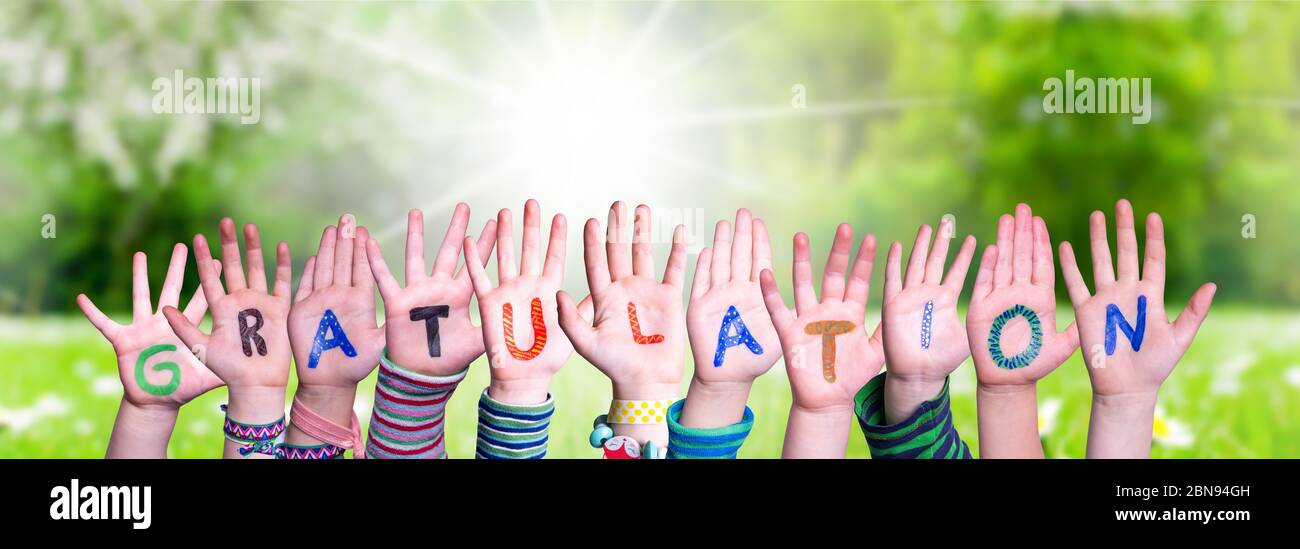 Children Hands Building Word Gratulation Means Congratulations, Grass ...