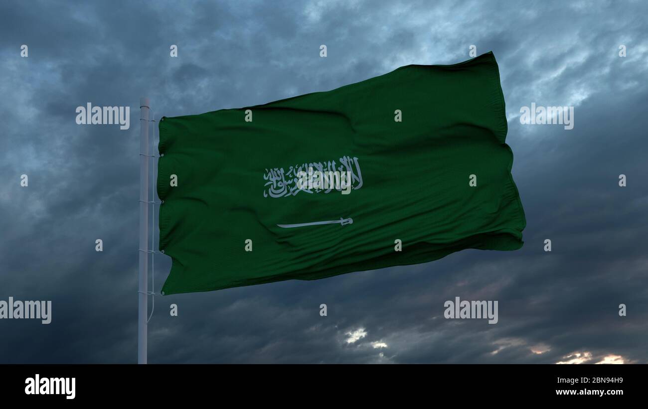 Realistic flag of Saudi Arabia waving in the wind against deep heavy ...