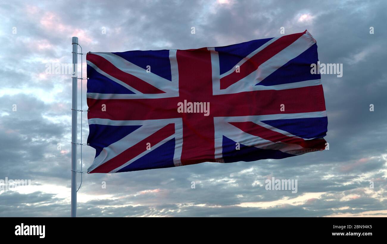 Realistic flag of United Kingdom waving in the wind against deep ...