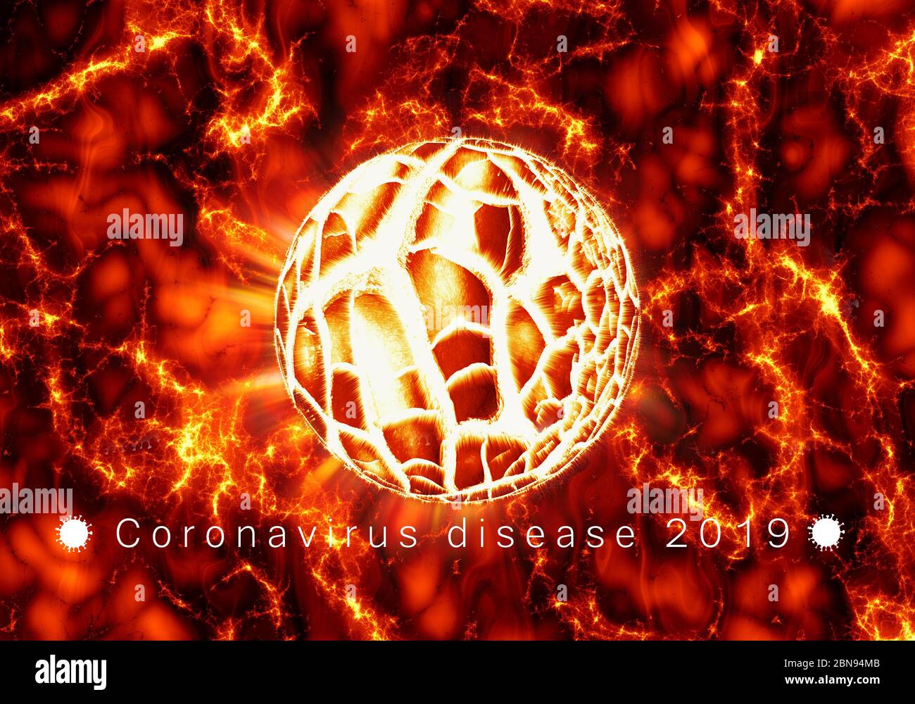 Abstract 3d Rendering Illustration For a fiery Covid 19 cell exploding ...