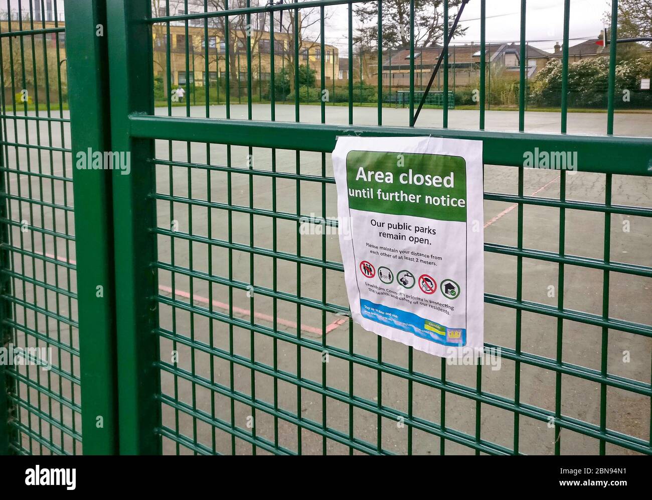 London, United Kingdom - April 03, 2020: Area closed sign on fence in ...