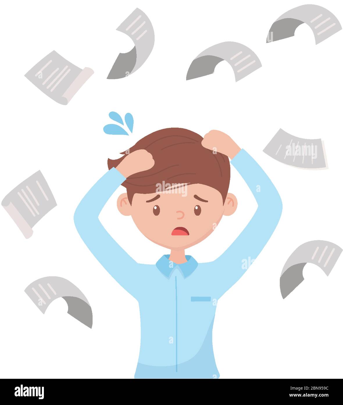 stress at work, exasperated worker falling papers and documents vector ...