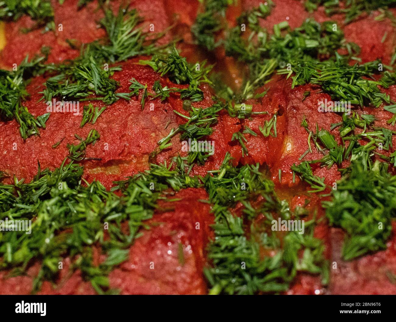 Red peppers stuffed with minced meat, view from top, close view Stock ...