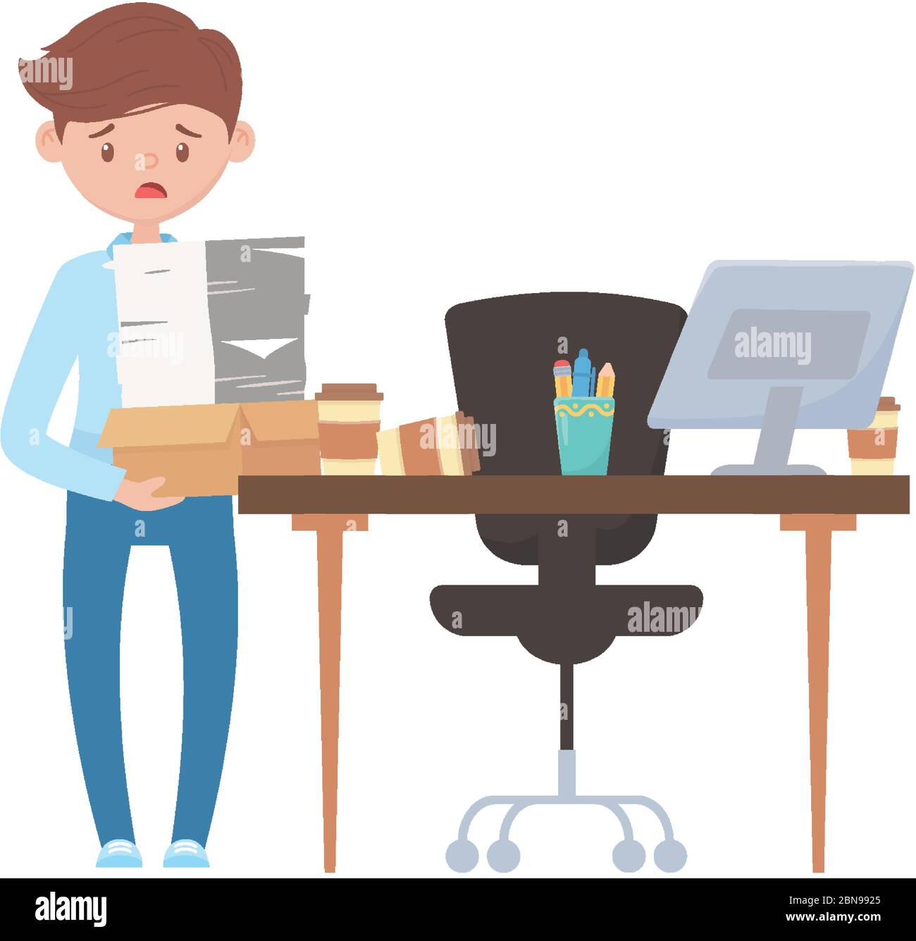 stress at work, stressed employee carrying pile of papers in office ...