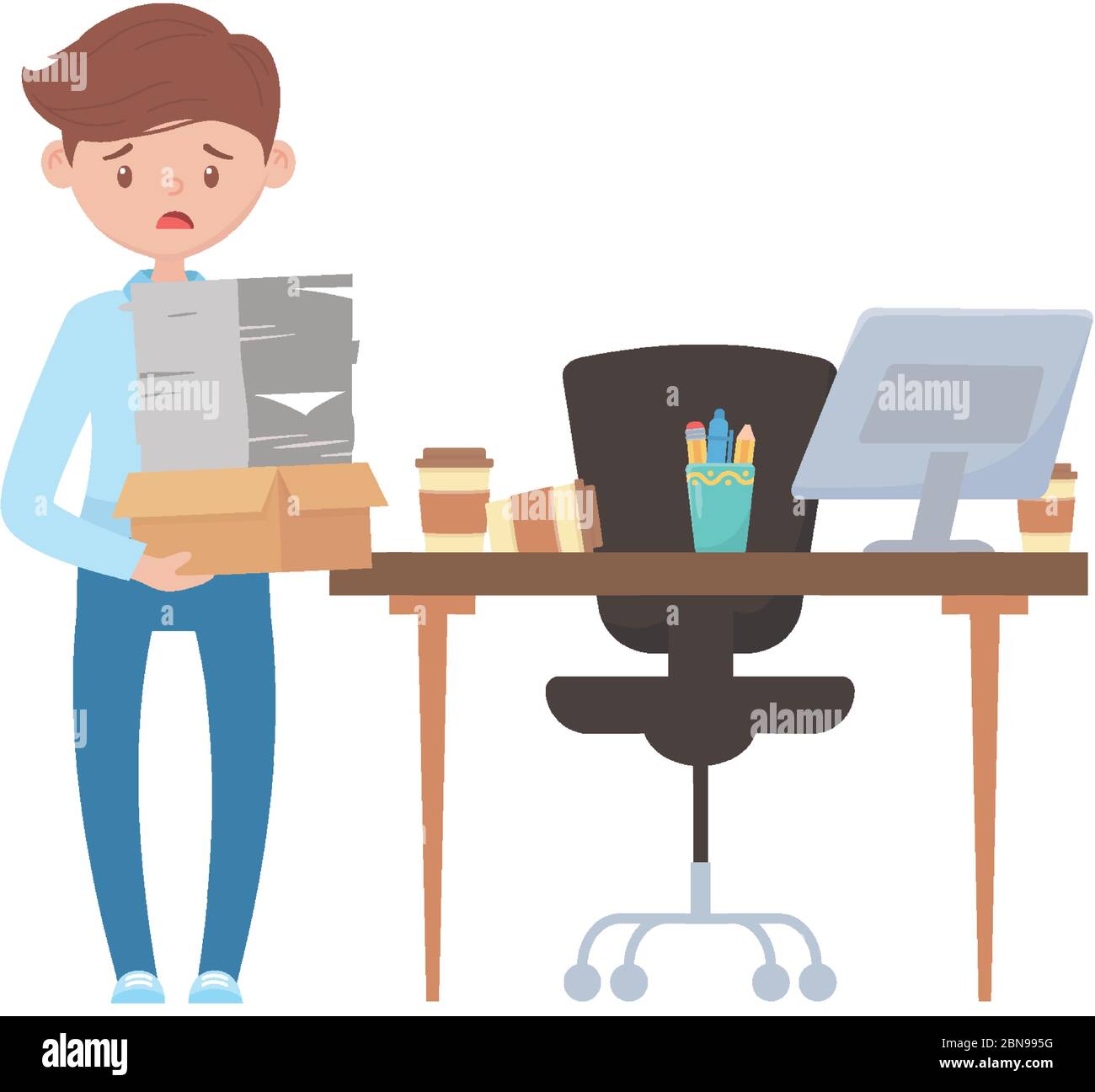 stress at work, businessman working on desk and employee with sheets ...