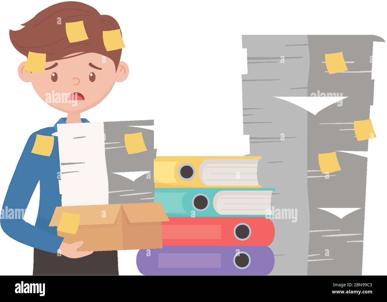 stress at work, worried employee with pile of documents and many stick ...