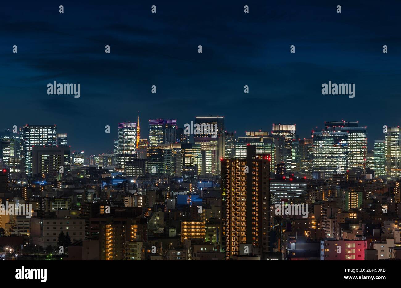 Aerial night panoramic view of the skyscrapers of Tokyo illuminated ...