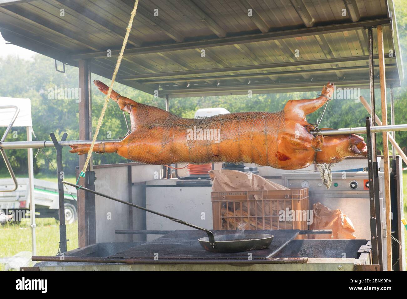 Roasted pig on stick outdoor Stock Photo - Alamy
