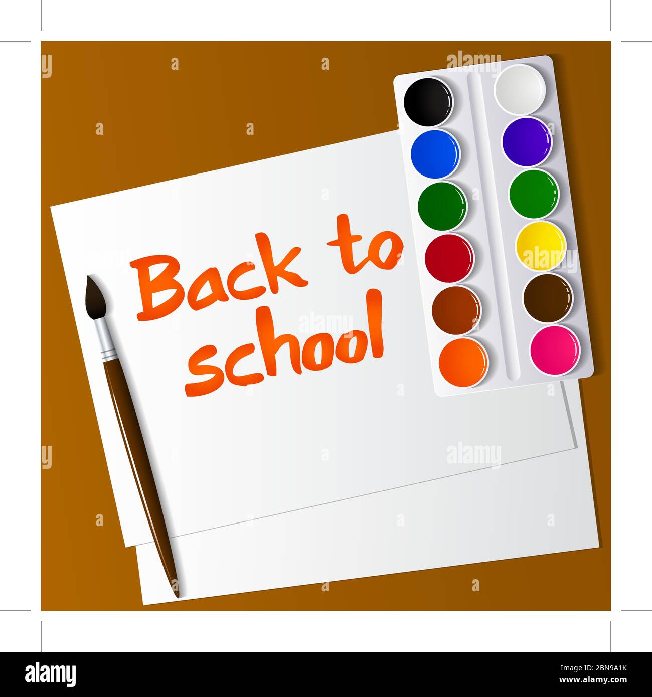 Watercolor paints in box with brush. inscription on the paper. Back to ...