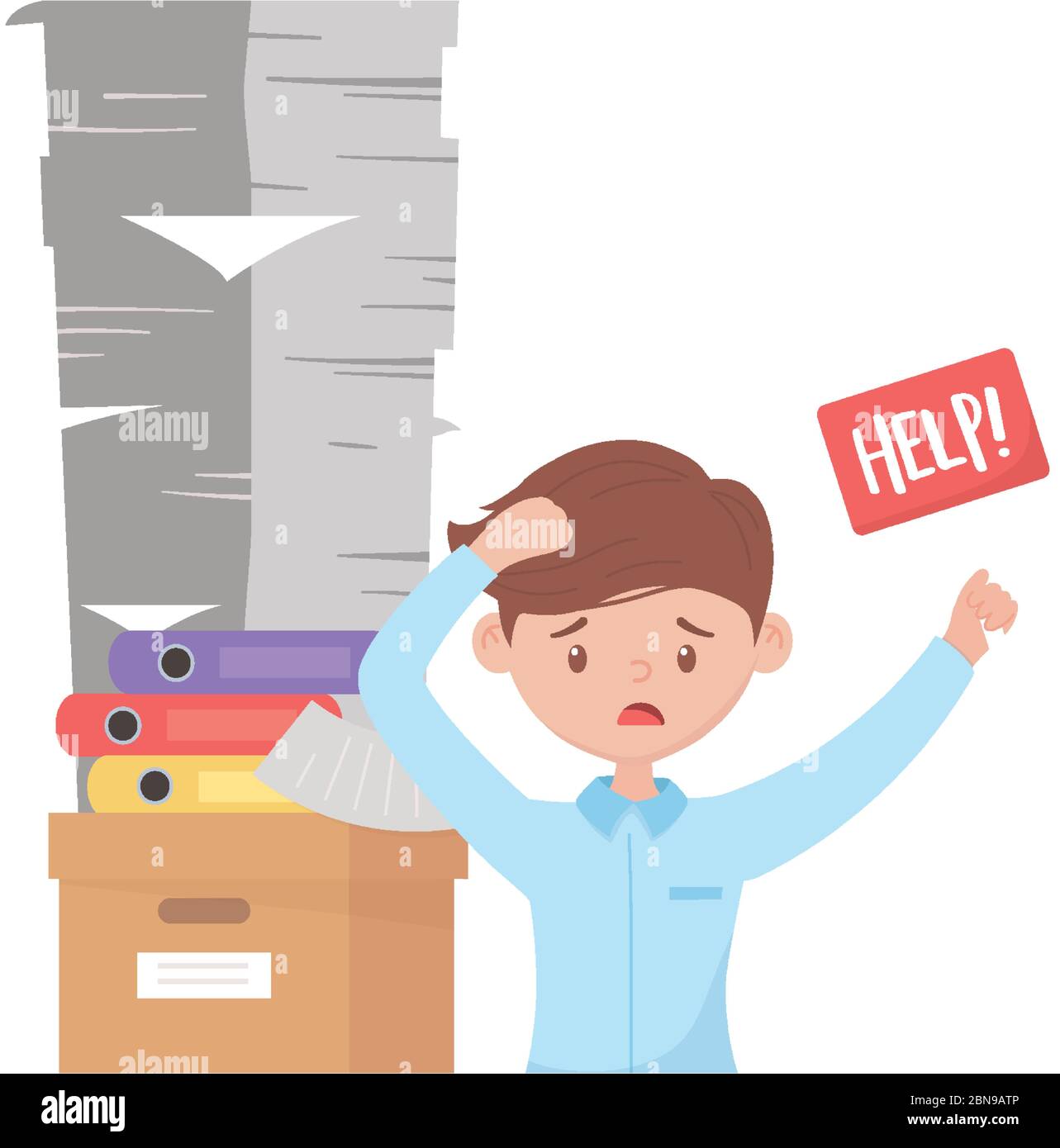 stress at work, stressed worker with help board pile of documents ...