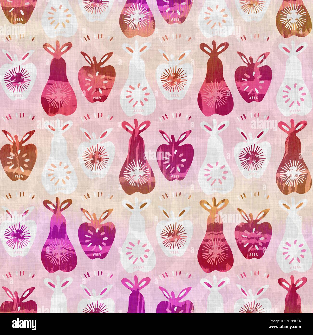 Seamless fruit collage woven texture. Hand drawn grunge damask on linen ...