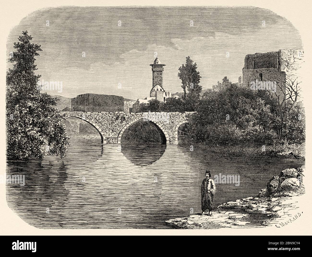 Bridge over the Orontes river in the old city of Hama. Syria, Syrian ...