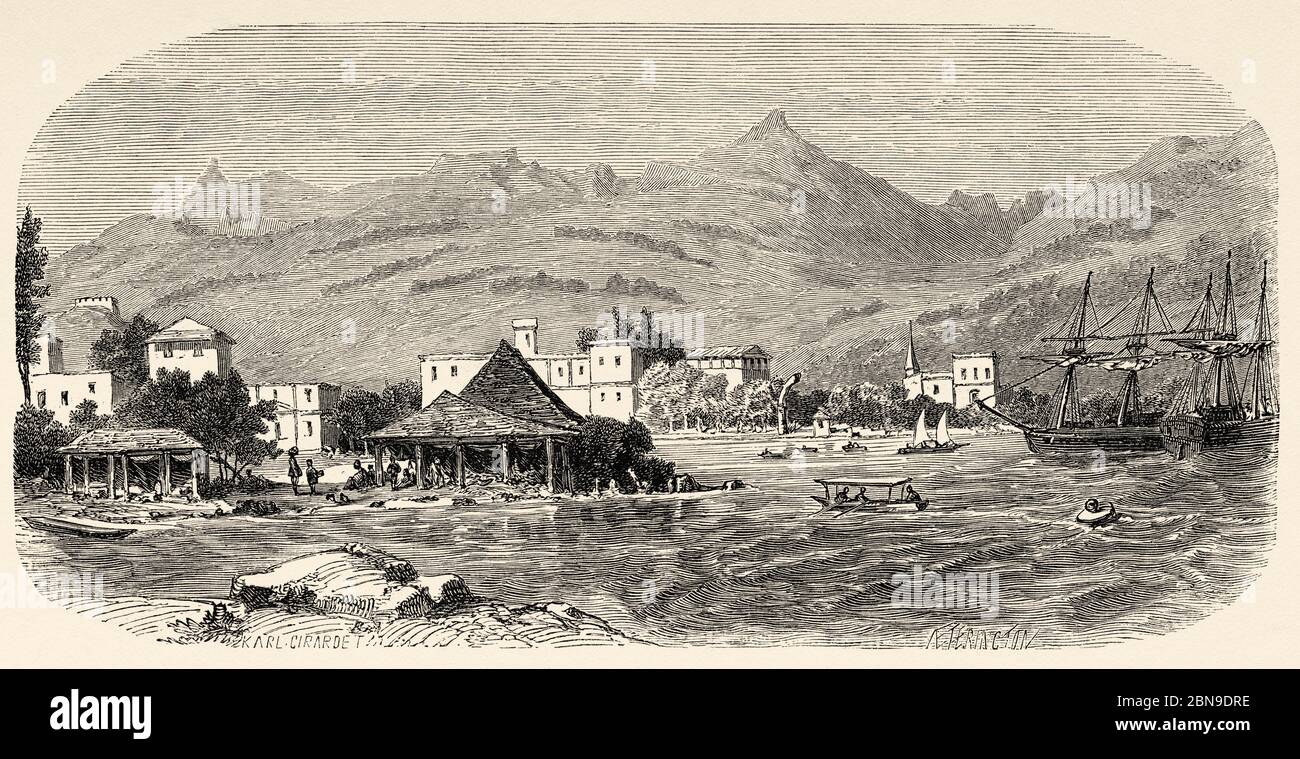 Old landscape view of Port Louis, Mauritius Island. Mascarene Islands ...