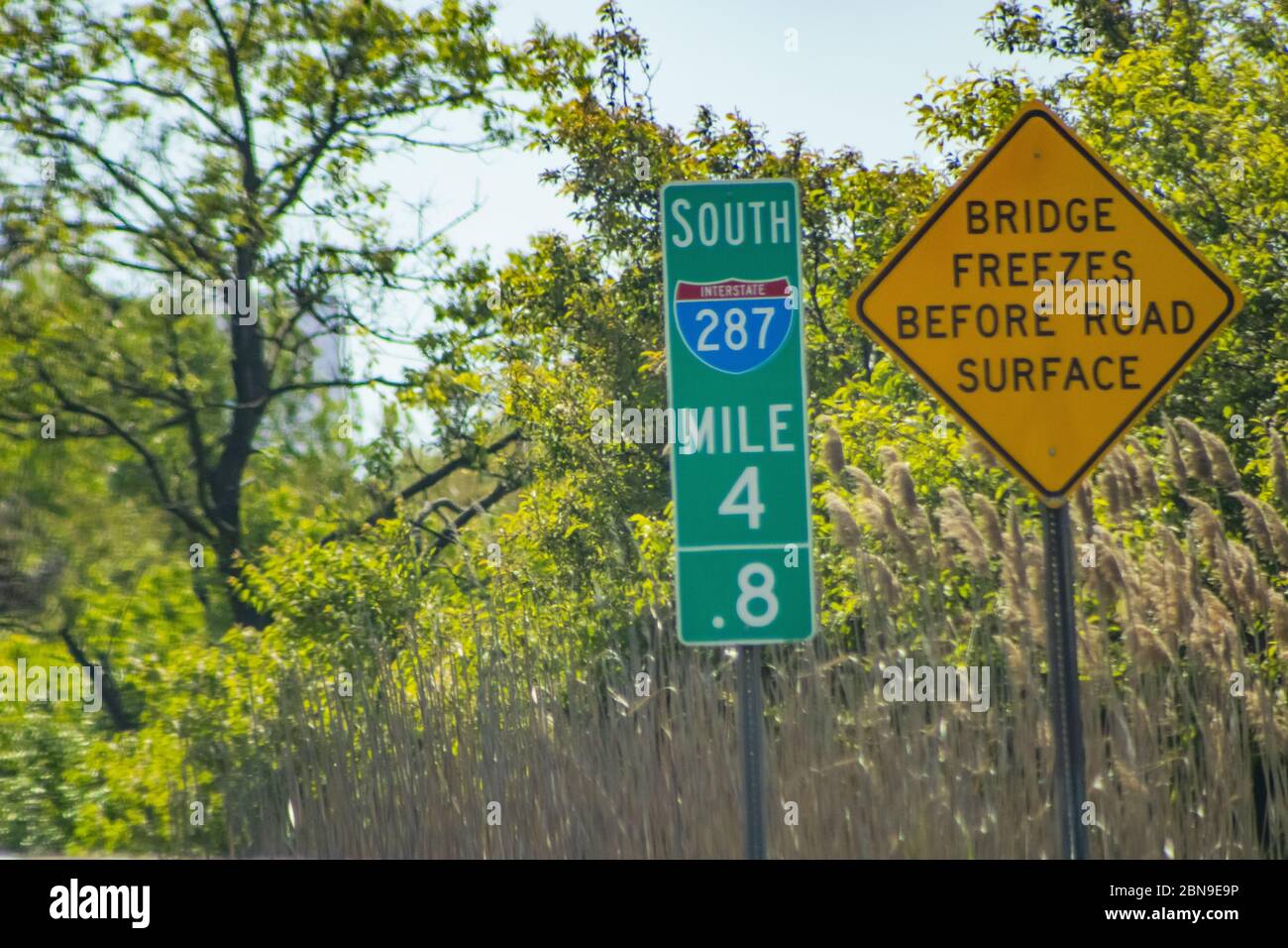 Interstate 287 south mile marker sign. It also has bridge freeze sign ...