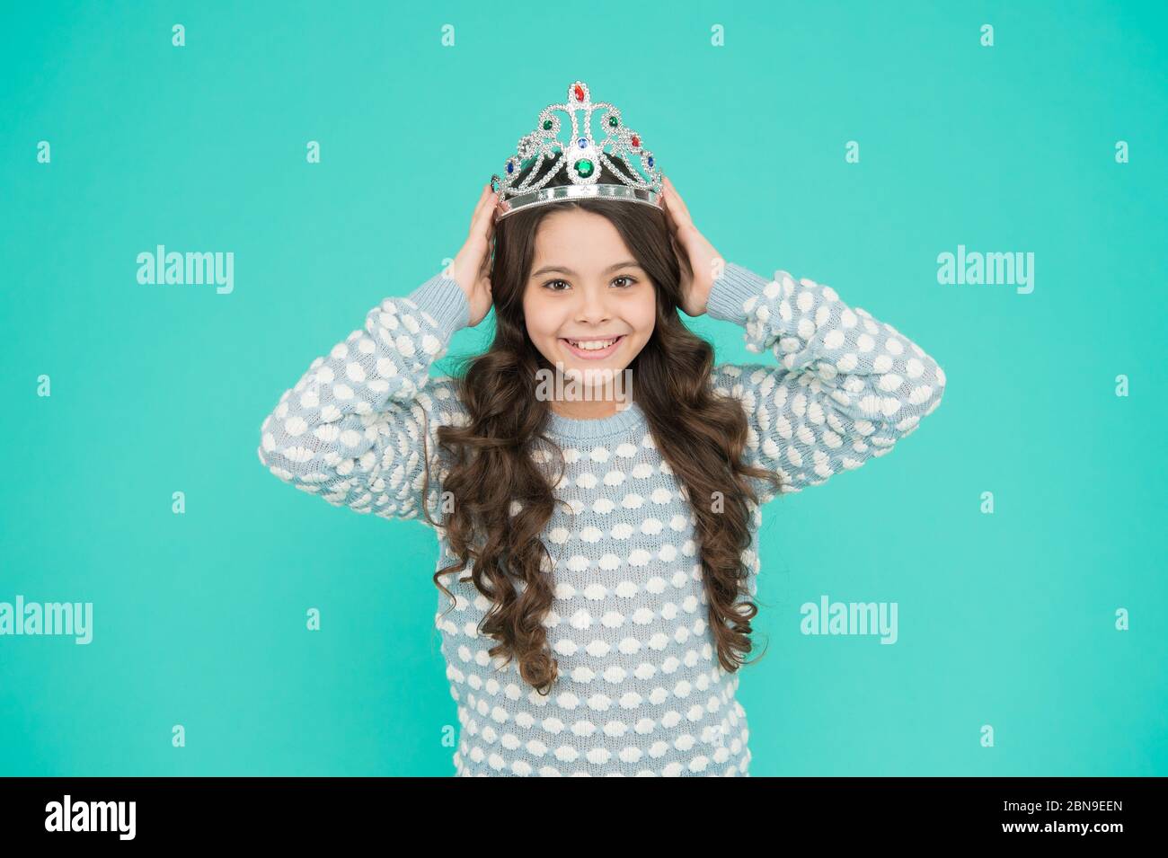 Ready for prom night. Happy child wear prom crown. Prom girl blue ...