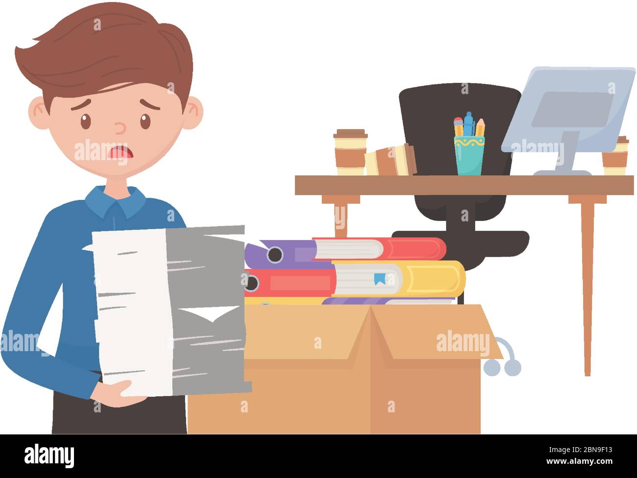 stress at work, sad employee in office with many papers binders desk ...