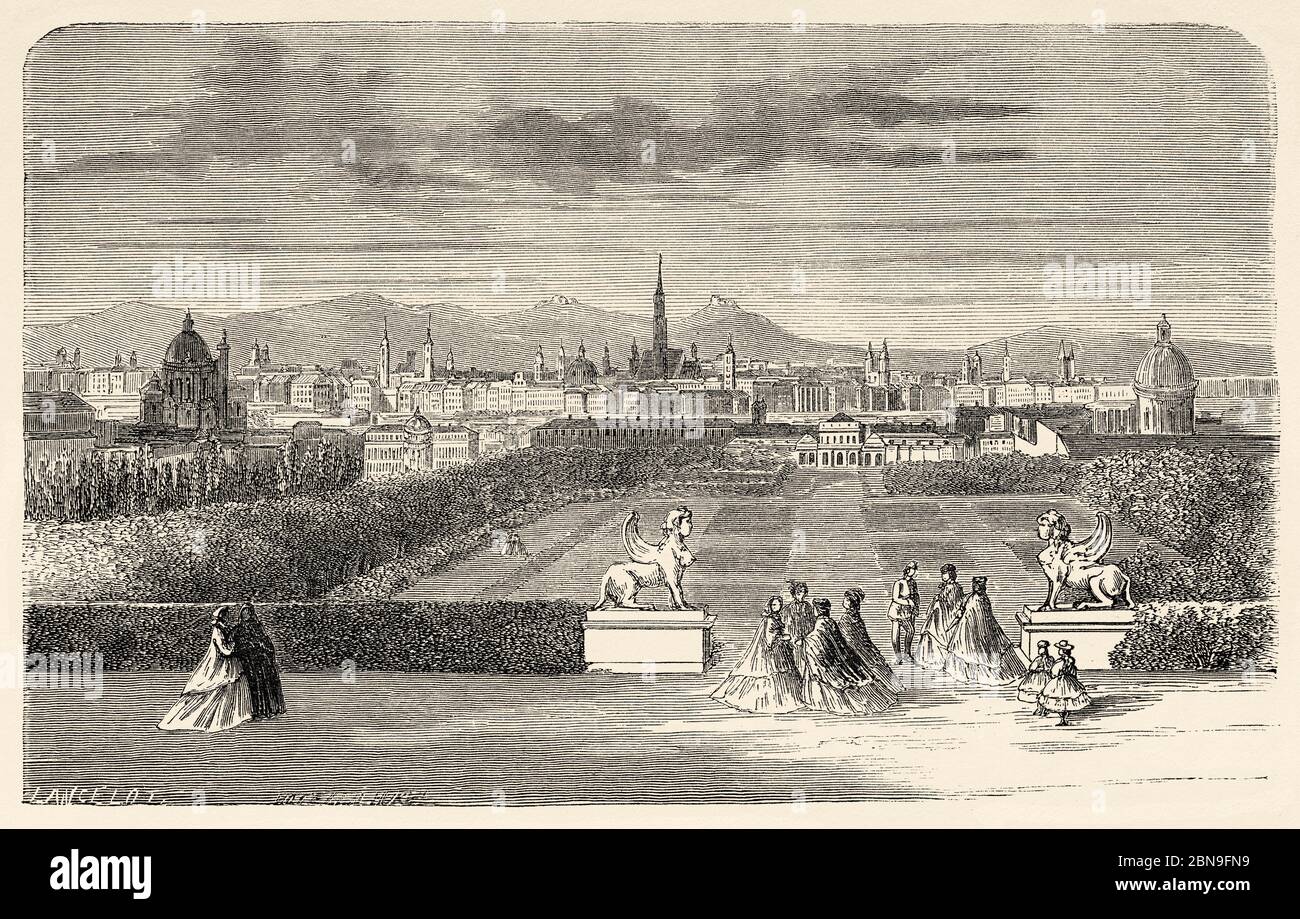 View of Vienna from Belvedere palace gardens, Austria Europe. Old 19th ...