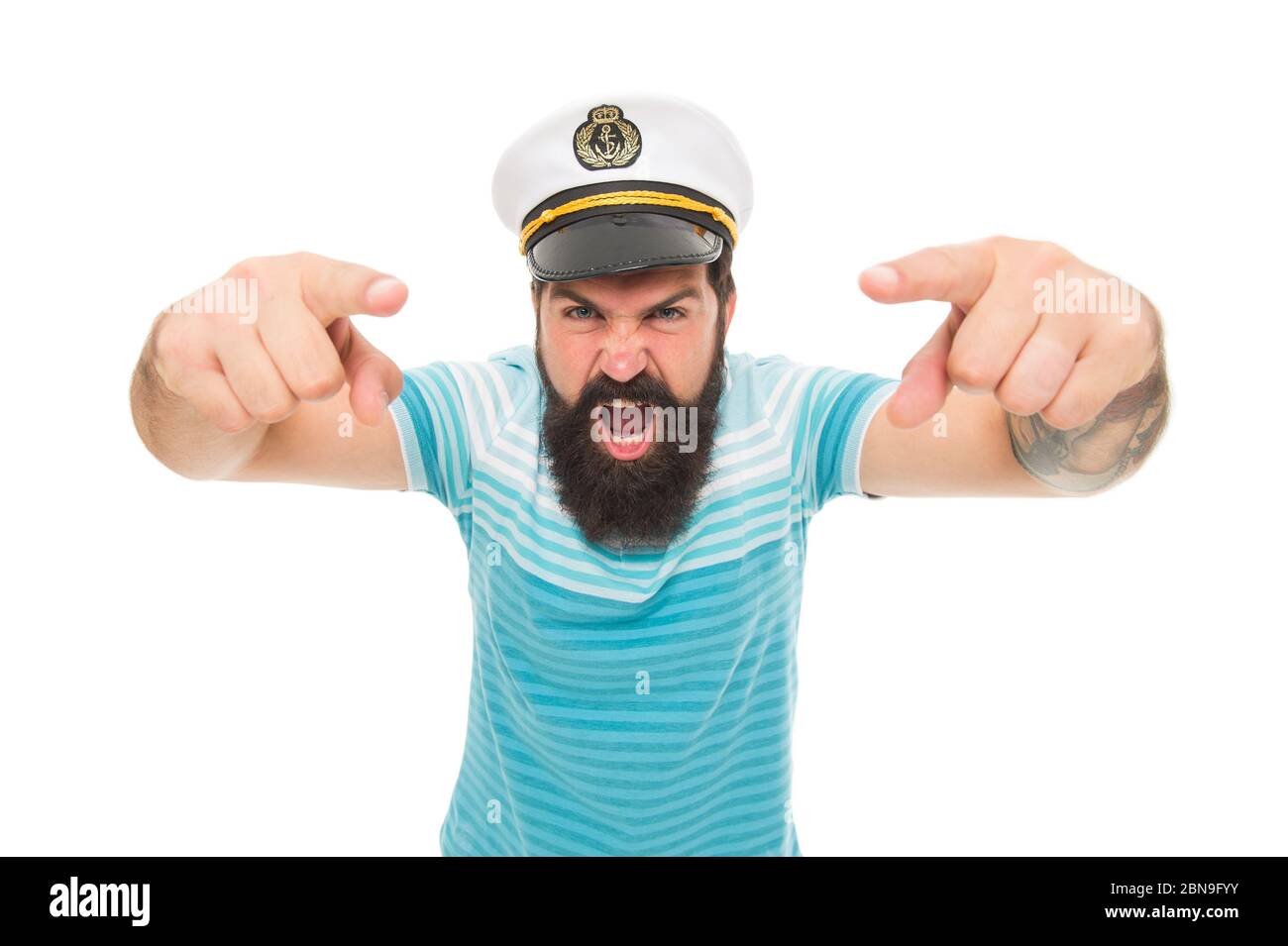 Hey you. Sailor spirit. Bearded sailor pointing camera isolated on ...