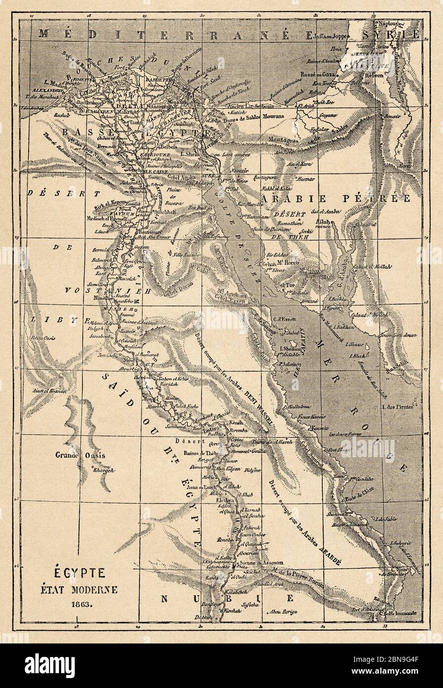 Map of the country of Egypt in 1863, Africa. Old 19th century engraved ...