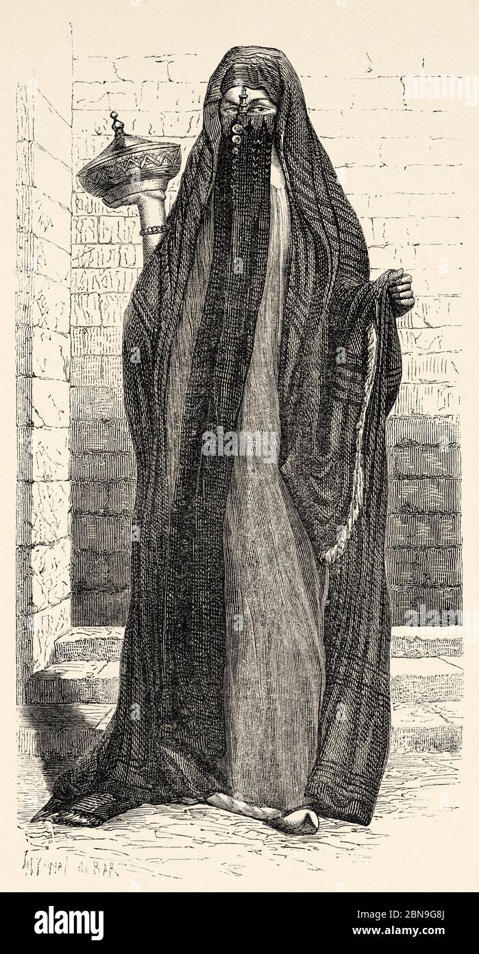 Fellah woman in traditional clothing, Egypt, Africa. Old 19th century ...