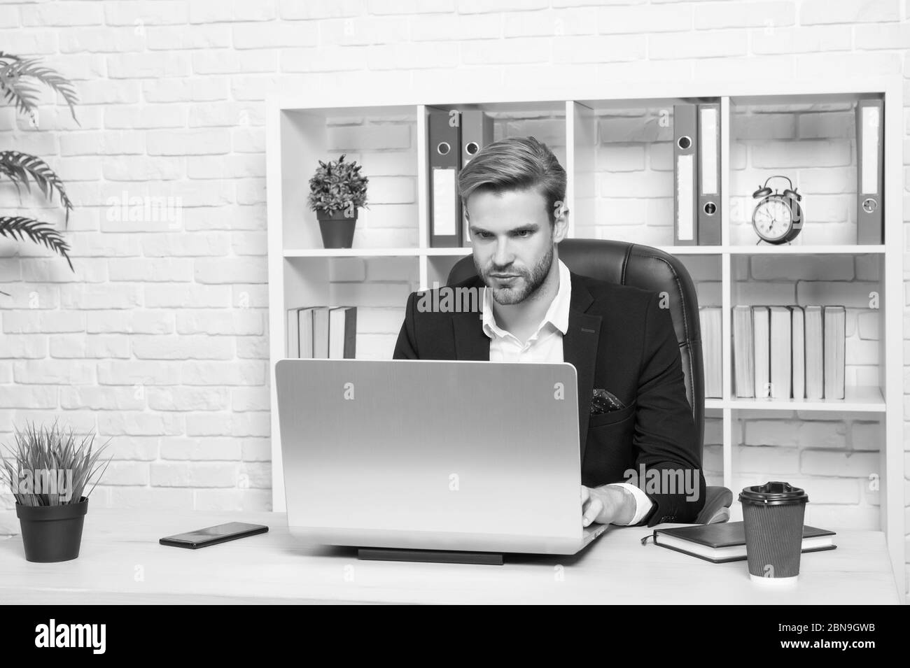 Computer does more. Computer specialist or tech. Handsome man work on ...