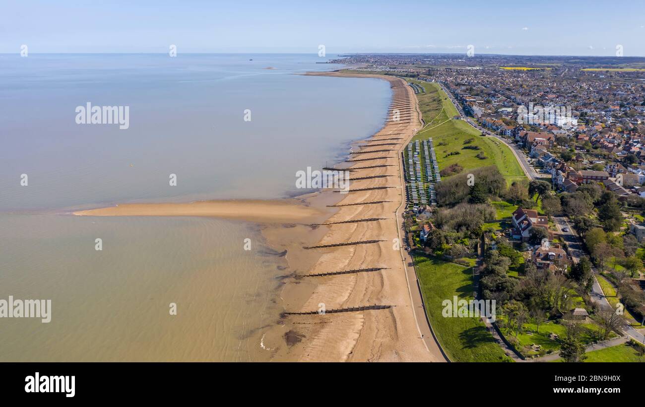 An aerial view of an empty sandy beach. Pandemic quarantine. Whitstable ...