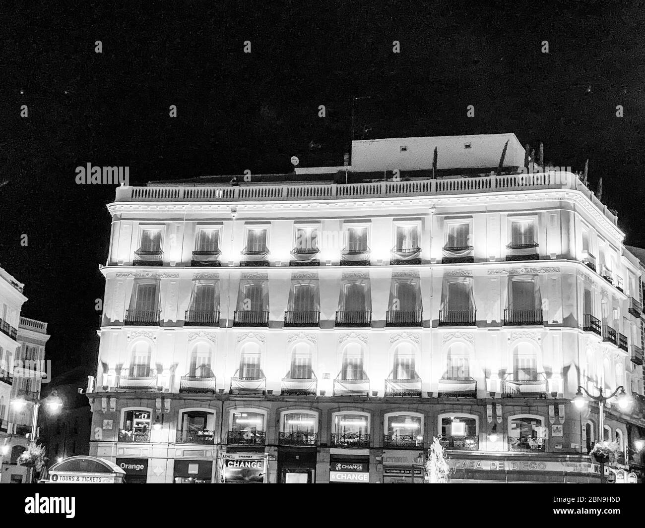 Madrid, Spain - May1-11 2020: View of celebration flags and banners on ...